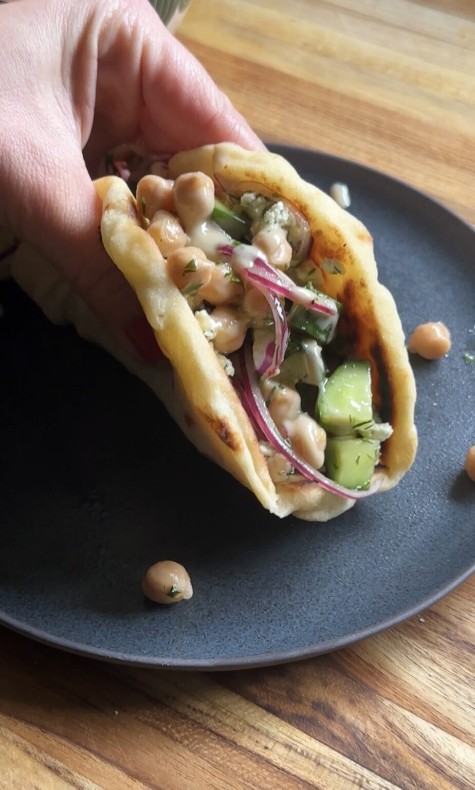 smashed feta flatbread with cucumber-chickpea salad - Grace Elkus