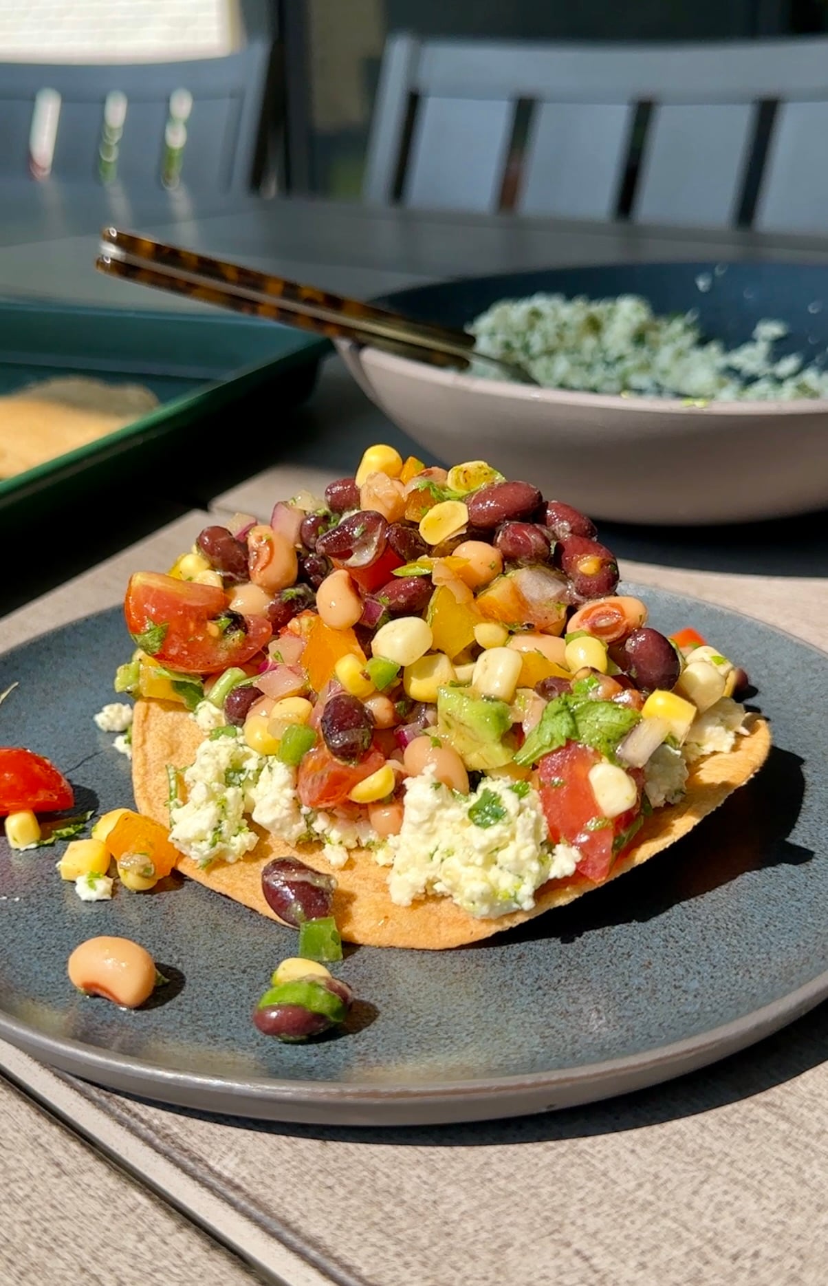 smashed feta tostadas with corn and bean salsa - Grace Elkus